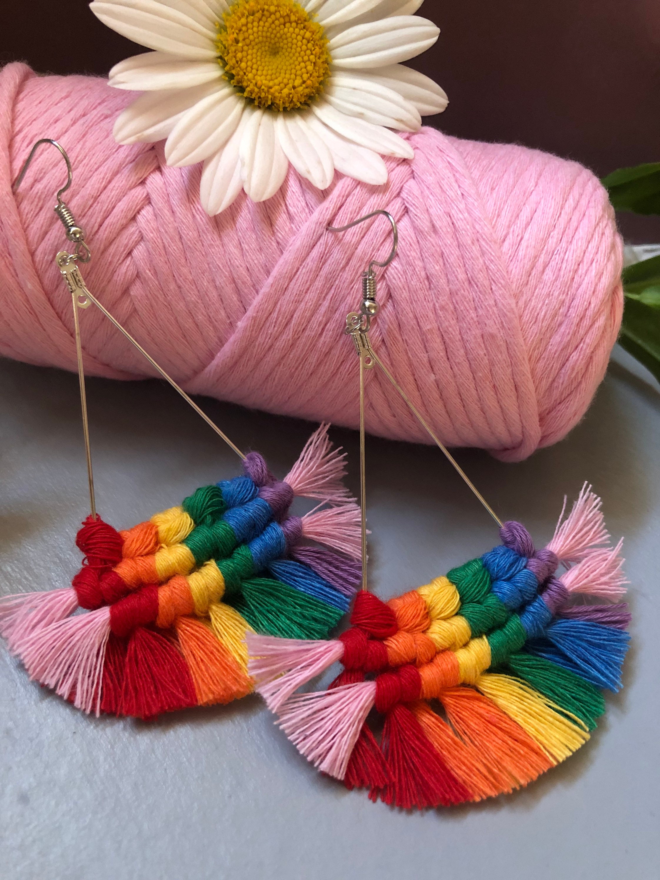 Rainbow Earrings, Triangle Drop Earrings, Macrame Earrings, Gay Pride ...