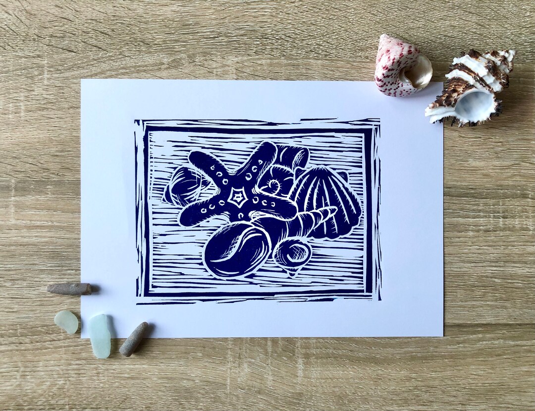 Seashells Handmade Lino Print - Etsy Norway