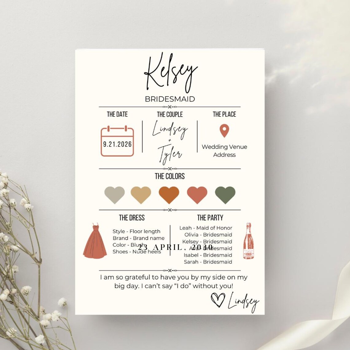 Editable Bridesmaid Information Card, Bridal Party Info Card ...