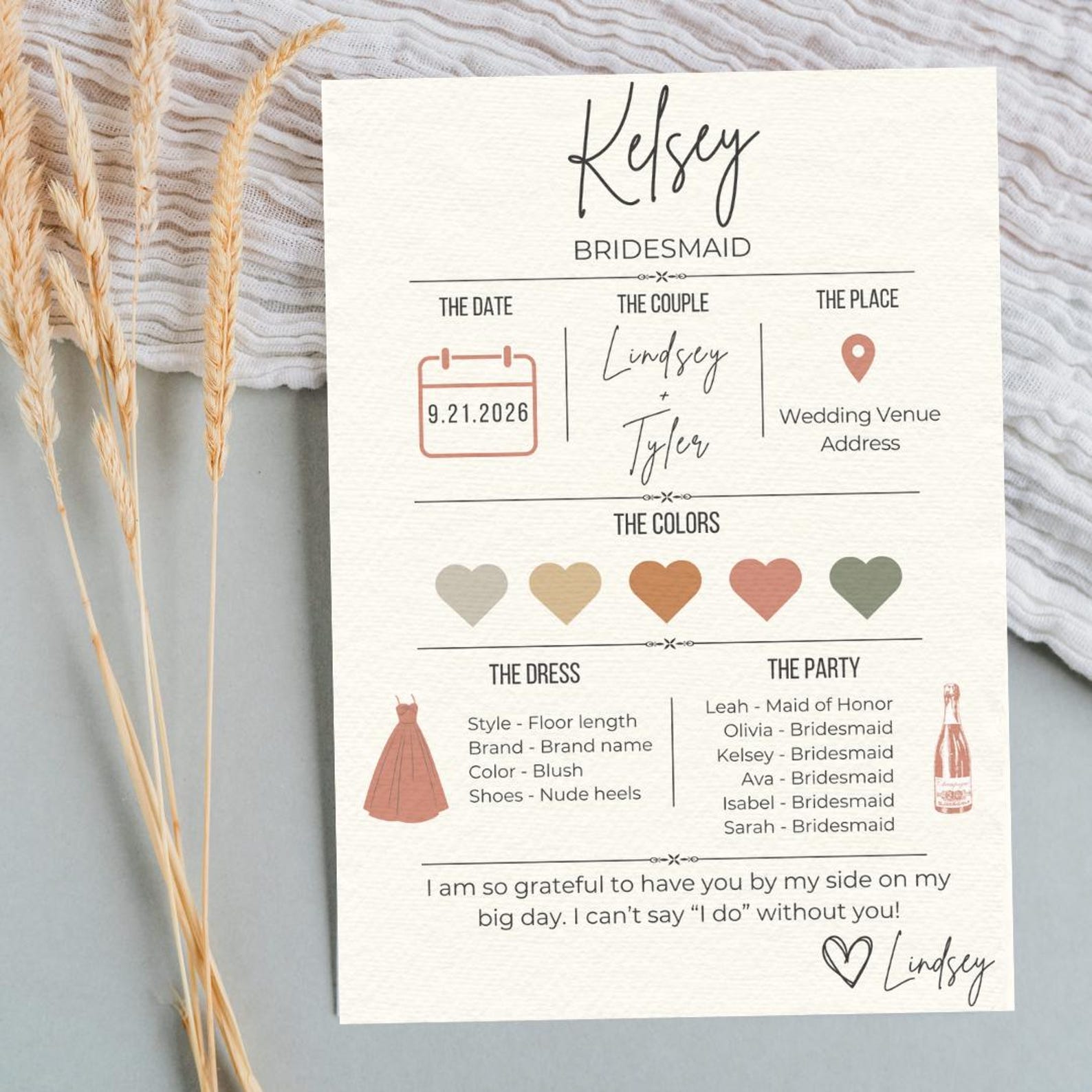 Editable Bridesmaid Information Card, Bridal Party Info Card ...