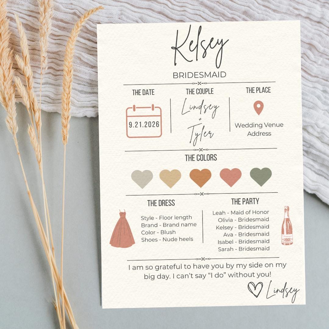 Editable Bridesmaid Information Card, Bridal Party Info Card ...