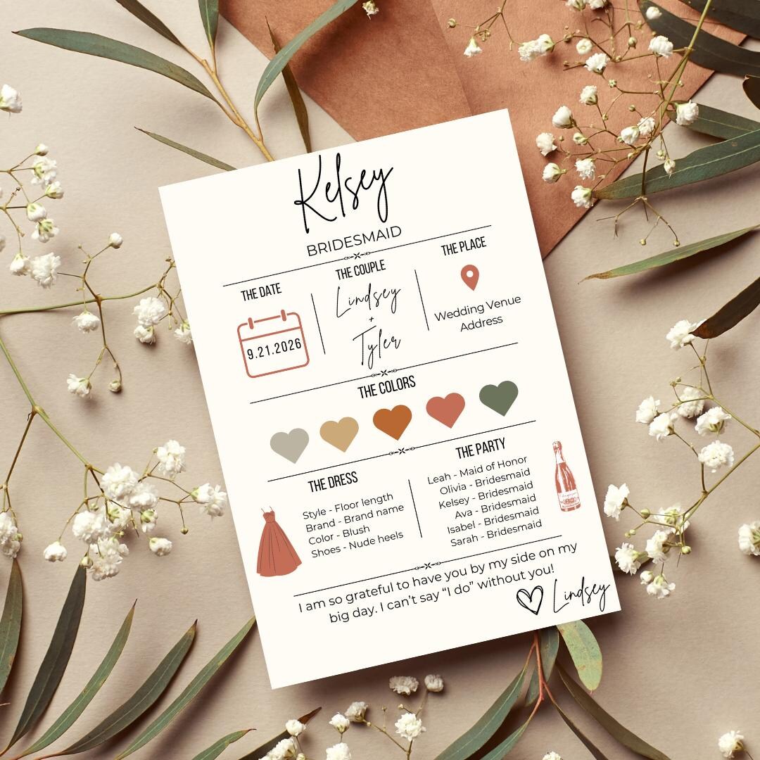 Editable Bridesmaid Information Card, Bridal Party Info Card ...