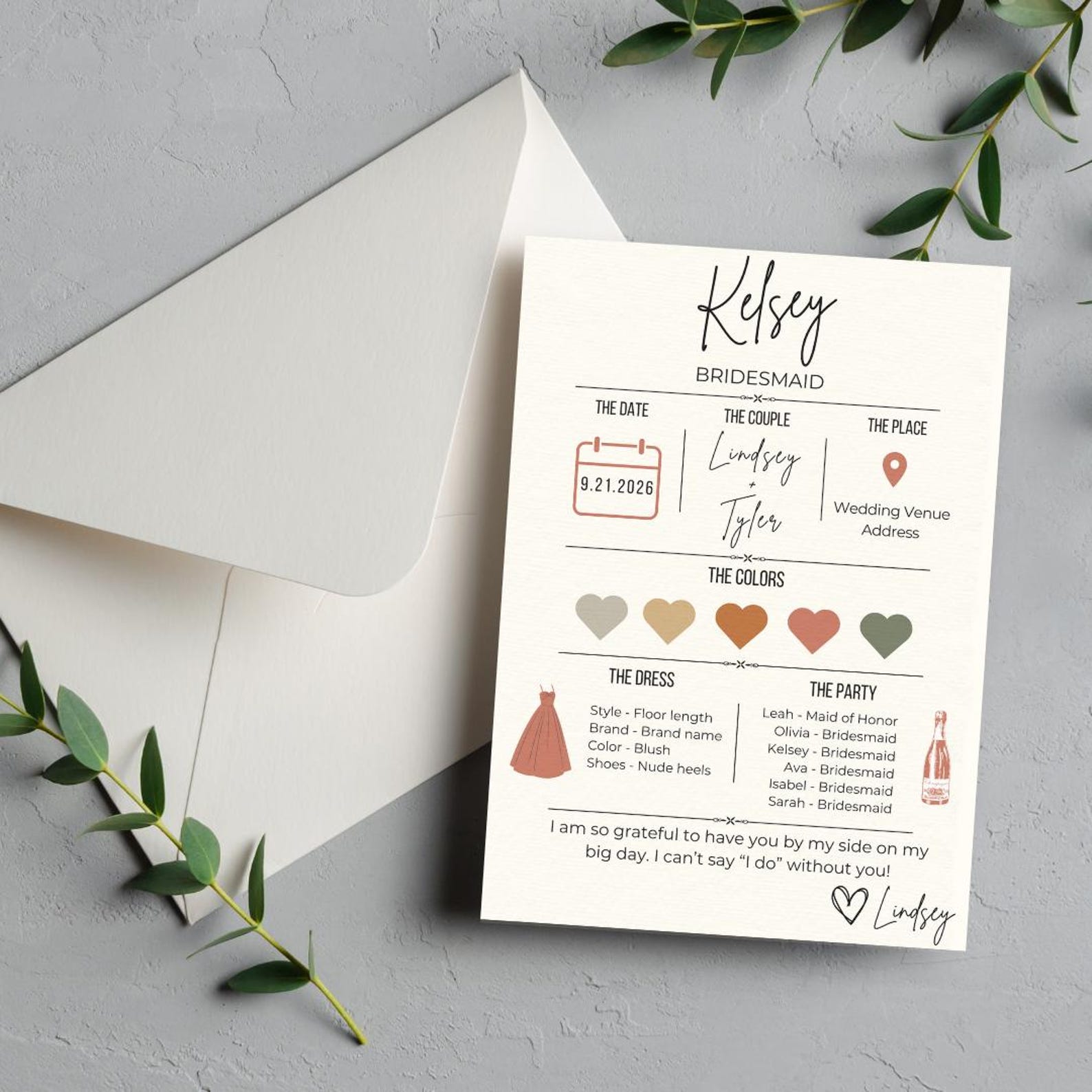 Editable Bridesmaid Information Card, Bridal Party Info Card ...