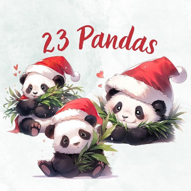 Cute Christmas Pandas in Santa Hats, Illustrations, Clipart, Scrapbook ...