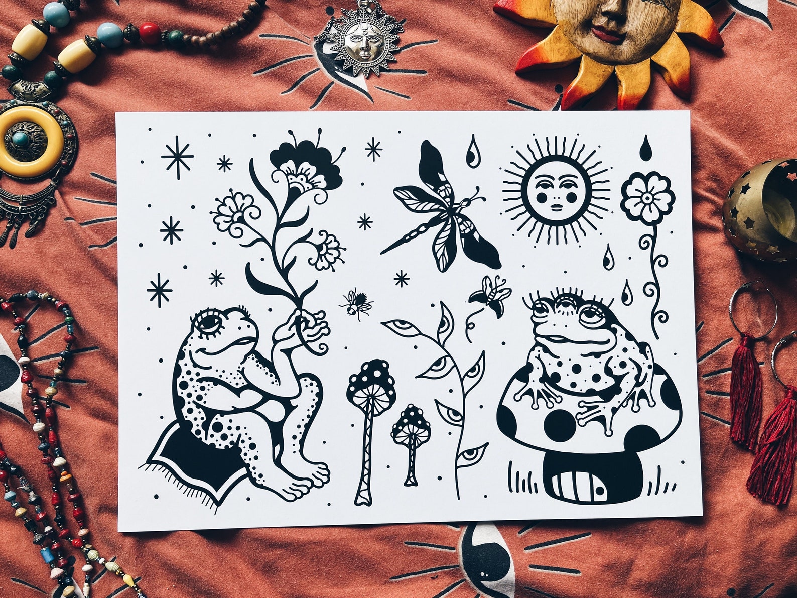 Frog Tattoo Flash Sheet A3 Print Recycled Paper, Magic Art Print, Boho ...