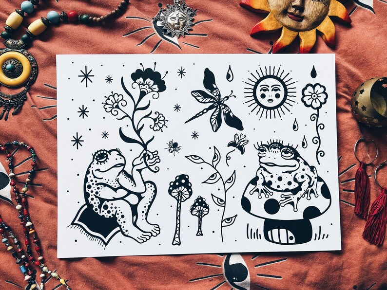 Frog Tattoo Flash Sheet A3 Print Recycled Paper, Magic Art Print, Boho ...