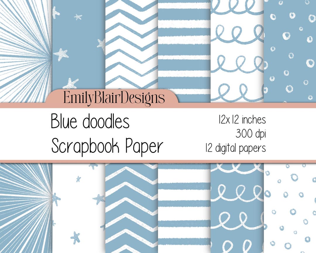 Blue Doodles Scrapbook Paper, 12 Digital Papers 12x12", 300 DPI, Cute ...