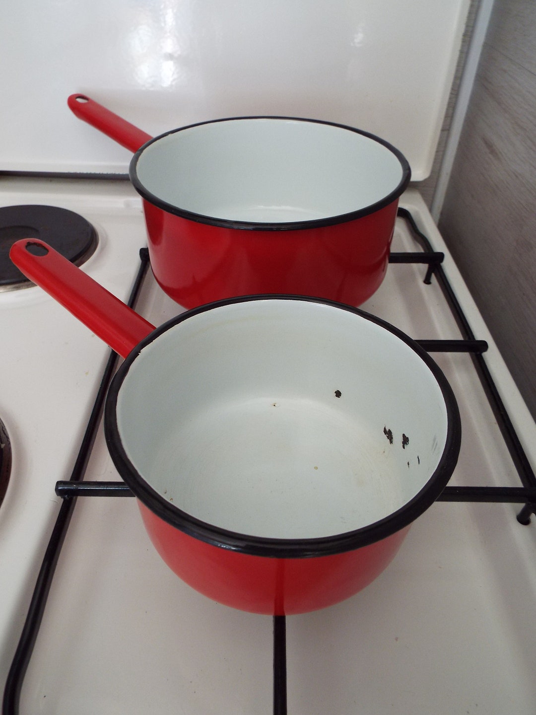 Vintage Red Enamel Cookware Set: Mid-century Kitchen Pans - Etsy