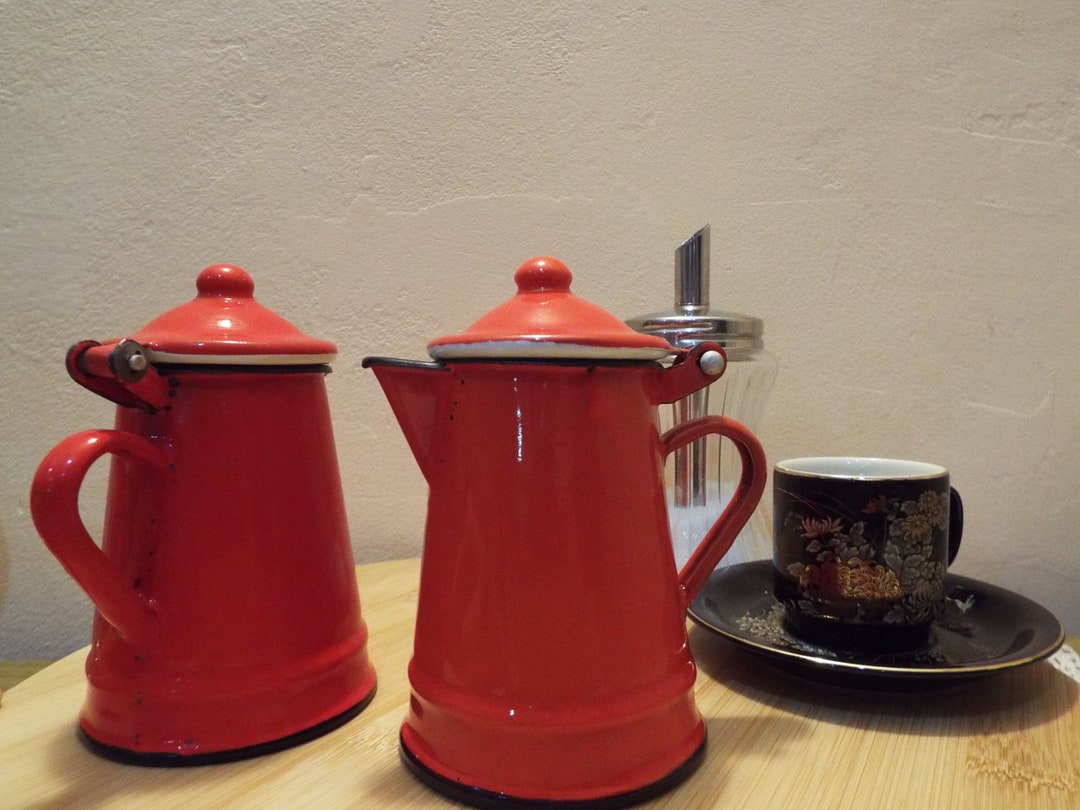 Set of Two Vintage Enamel Red Teapots, Small Enamelware Teapots, Enamel ...