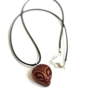 Alien Head Wooden Pendant Necklace, Hand Carved Wood Amulet, Tribal ...