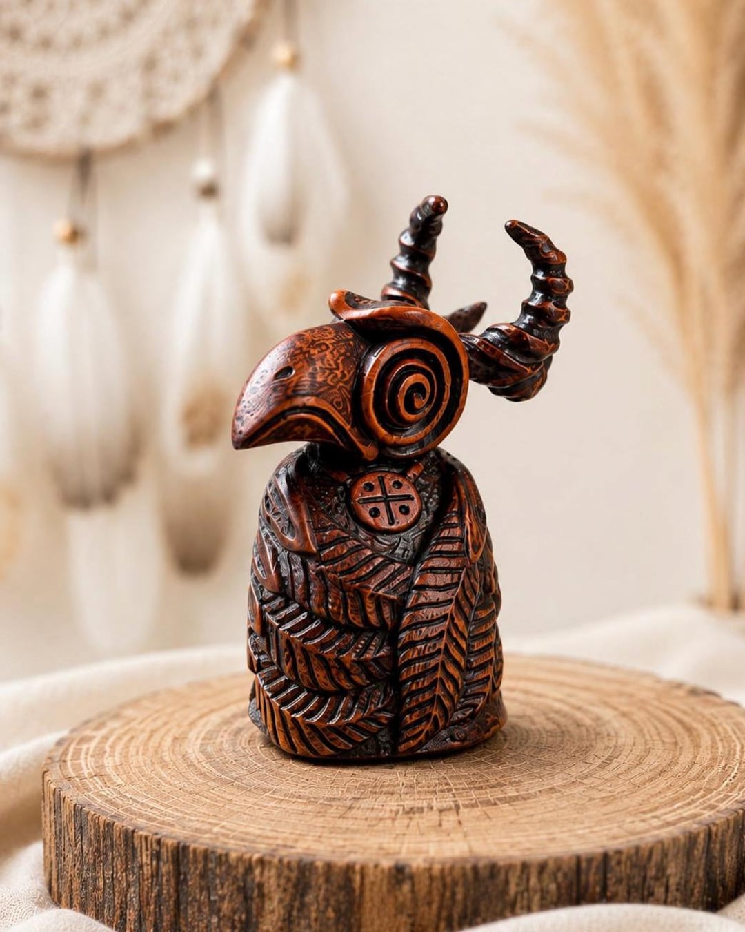 Horned Raven Forest Spirit Figurine, Hand Carved Wooden Statue, Dark ...
