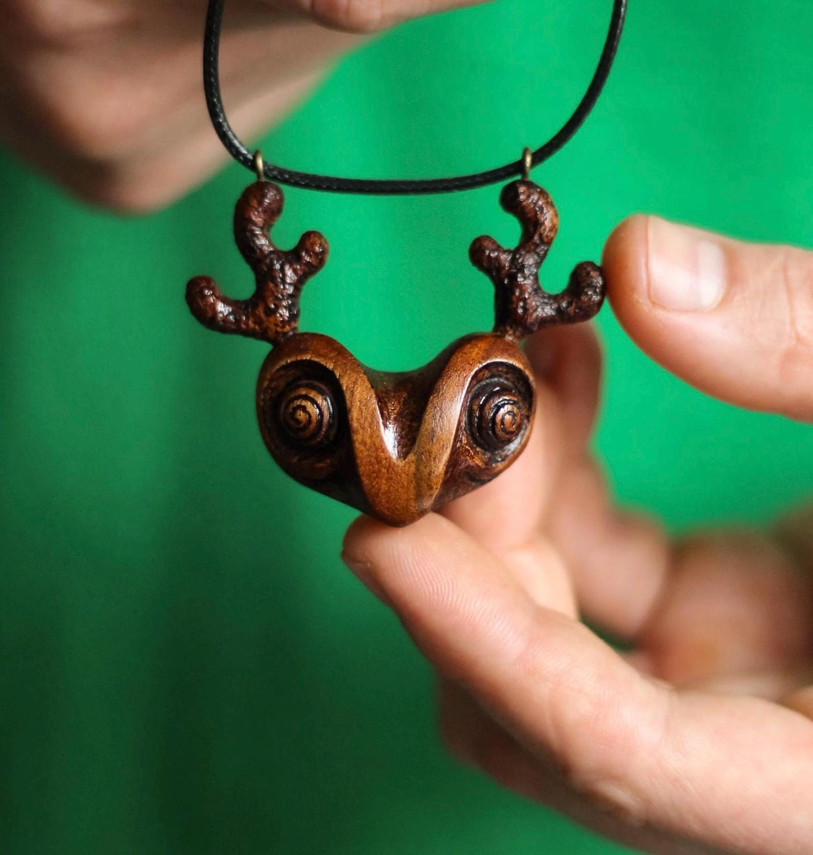 Horned God Pendant, Forest Spirit Amulet, Hand Carved Wooden Necklace ...