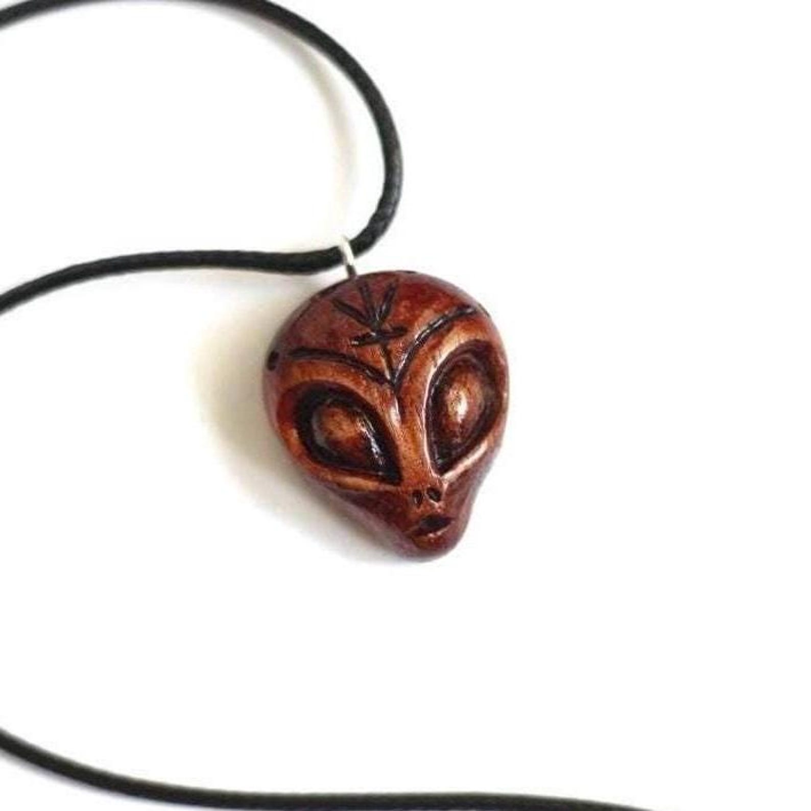 Alien Head Wooden Pendant Necklace, Hand Carved Wood Amulet, Tribal ...