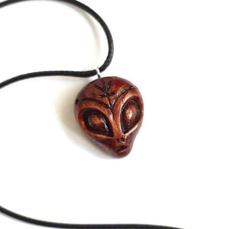 Alien Head Wooden Pendant Necklace, Hand Carved Wood Amulet, Tribal ...