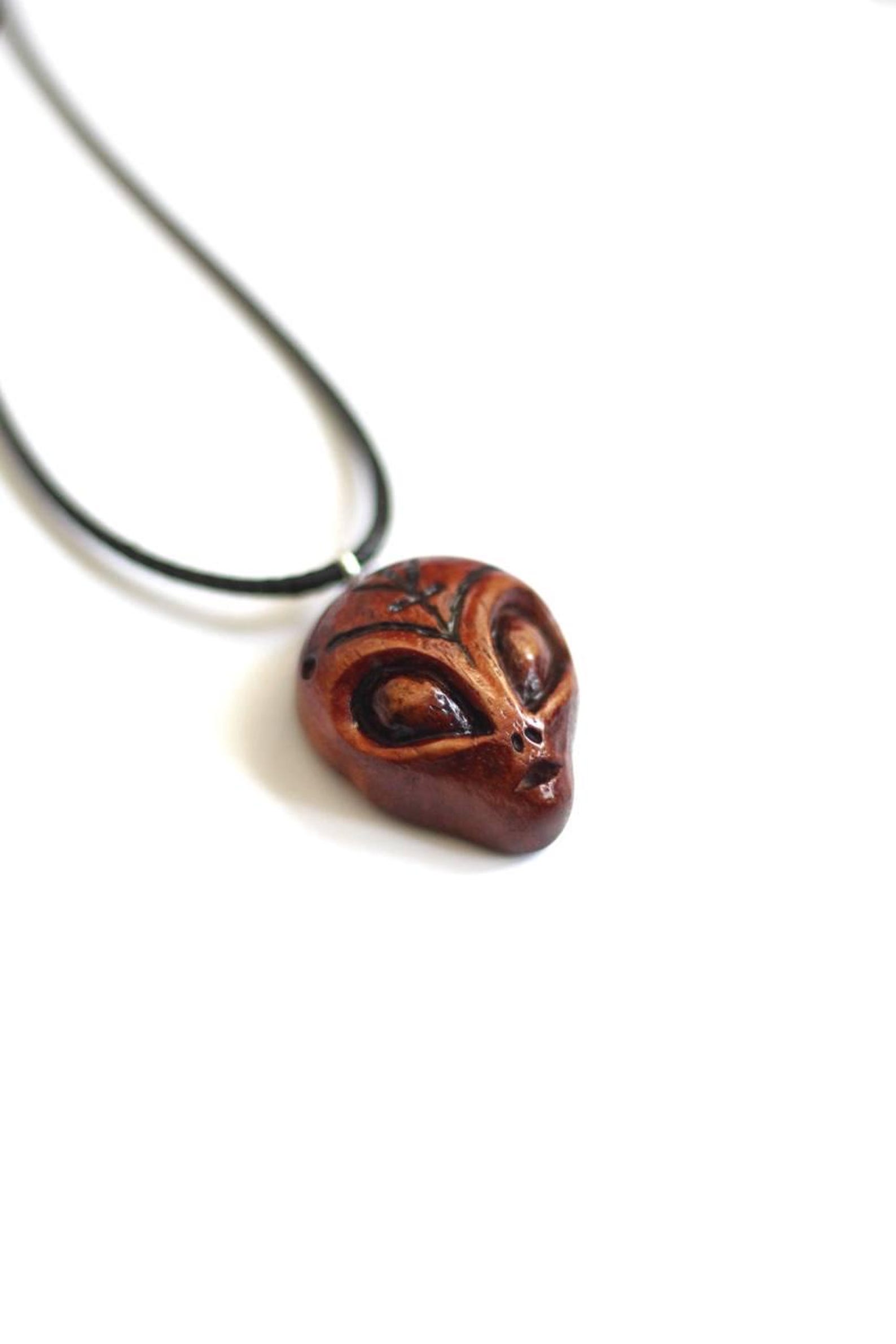 Alien Head Wooden Pendant Necklace, Hand Carved Wood Amulet, Tribal ...