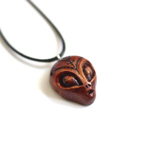 Alien Head Wooden Pendant Necklace, Hand Carved Wood Amulet, Tribal ...