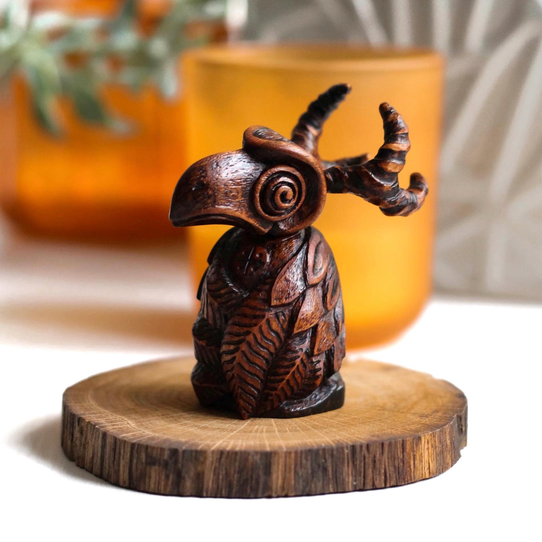 Wood Carving Forest Spirit Figure – Raven With Horns, Handcrafted ...