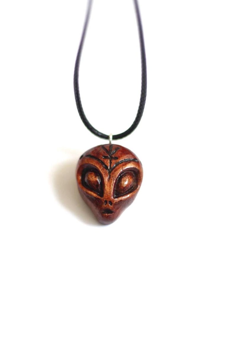 Alien Head Wooden Pendant Necklace, Hand Carved Wood Amulet, Tribal ...