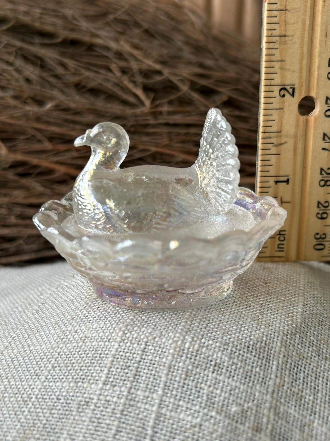 Vintage Boyd Glass Mini TURKEY on Nest Clear Iridized Carnival Covered ...