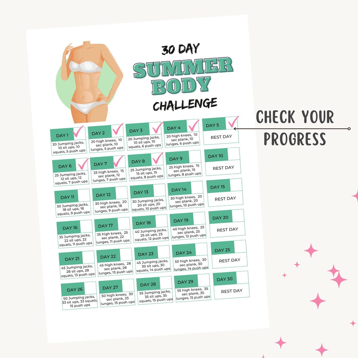 30-day Summer Body Challenge - Printable PDF Workout Plan | Lose Belly ...