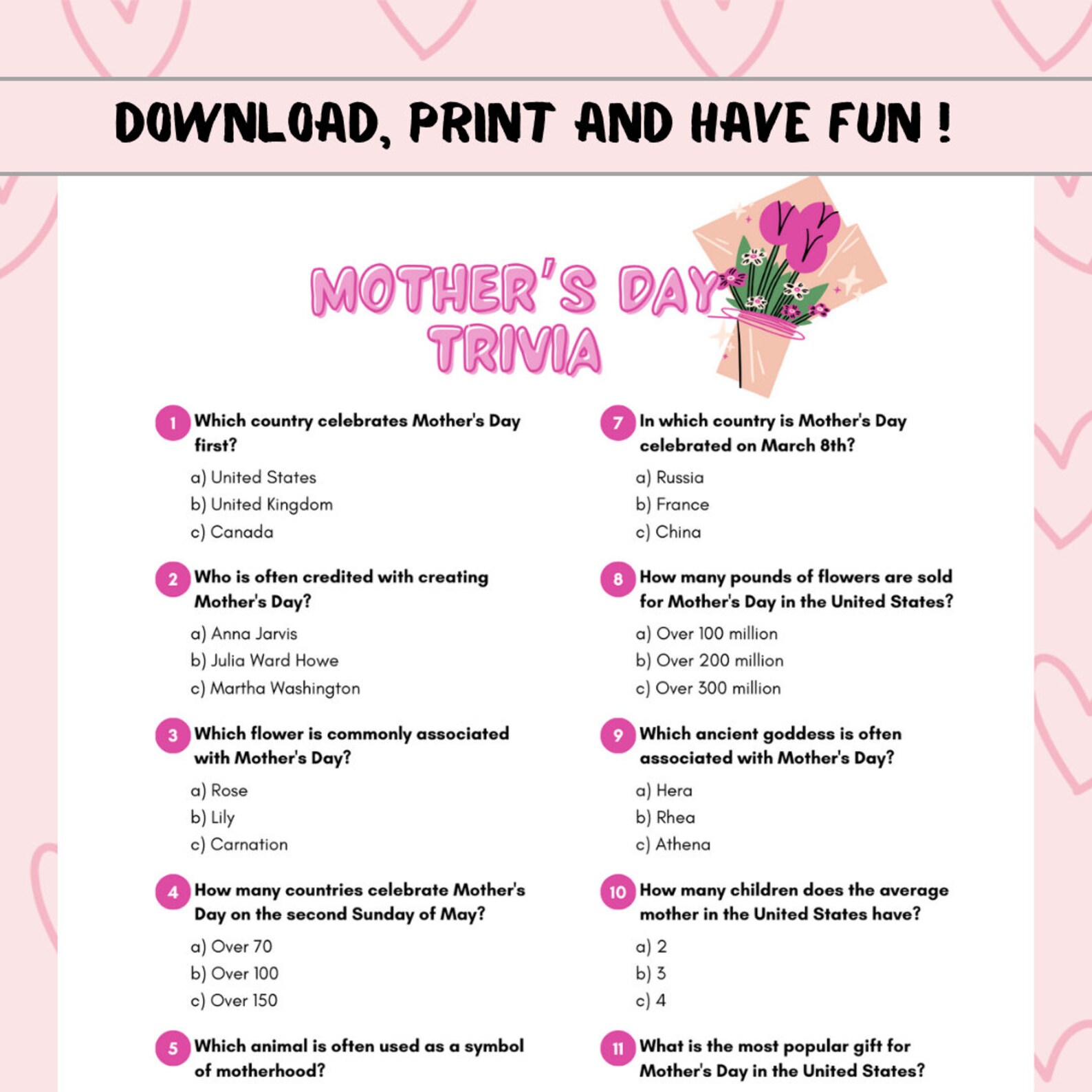 Engaging Mother's Day Trivia Game 12 Questions Family Game Multiple ...