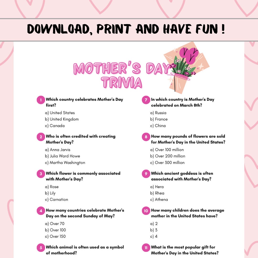 Engaging Mother's Day Trivia Game 12 Questions Family Game Multiple ...