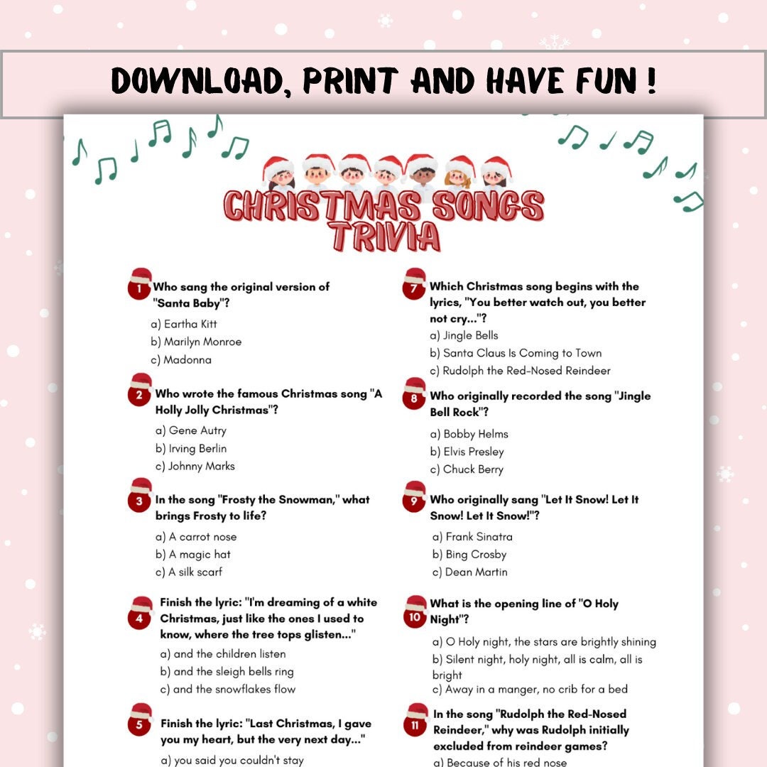 Christmas Song Trivia Game Christmas Printable Game Christmas Party ...