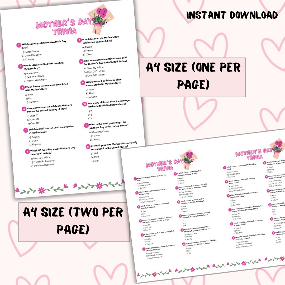 Engaging Mother's Day Trivia Game 12 Questions Family Game Multiple ...
