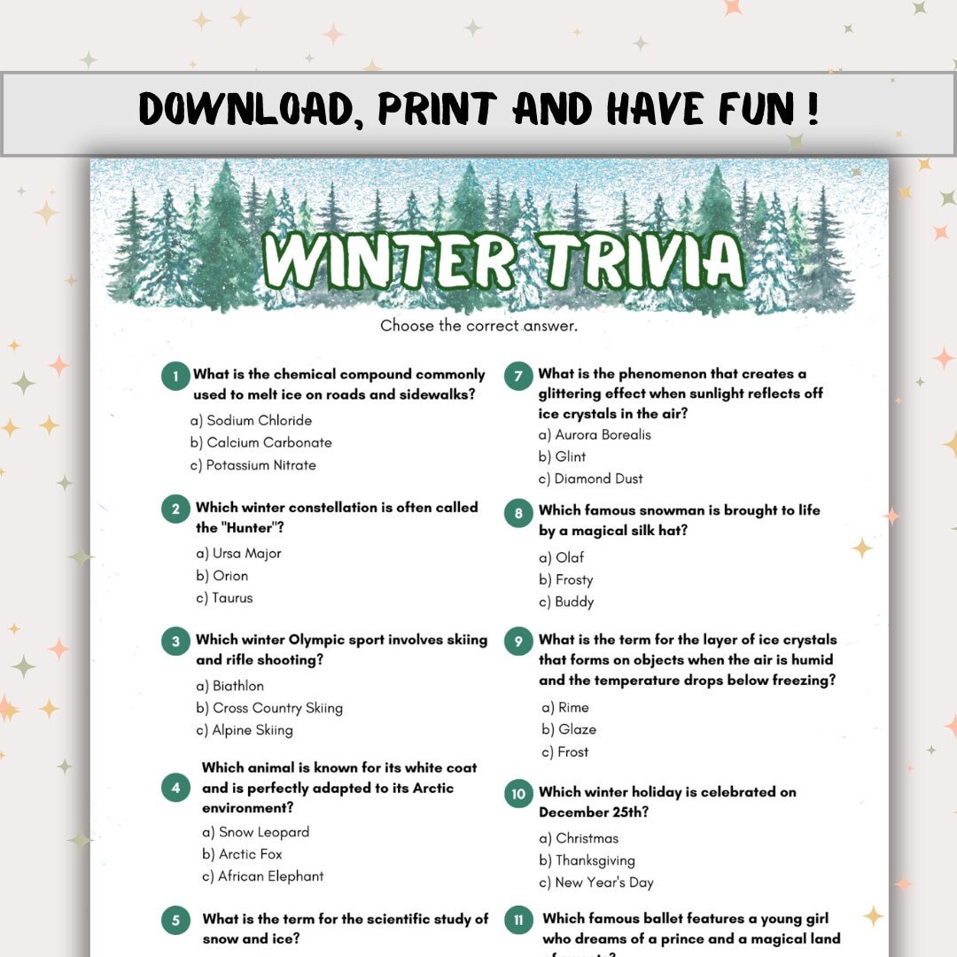 Winter Printable Trivia Game Friends Game Night Winter Indoor Games ...