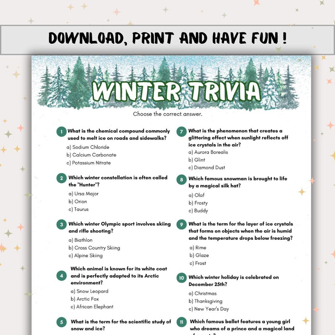 Winter Printable Trivia Game Friends Game Night Winter Indoor Games ...