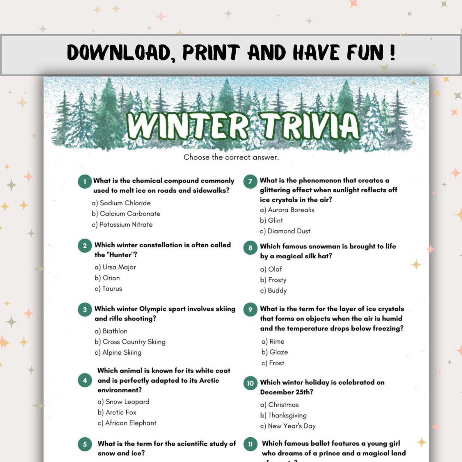 Winter Printable Trivia Game Friends Game Night Winter Indoor Games ...