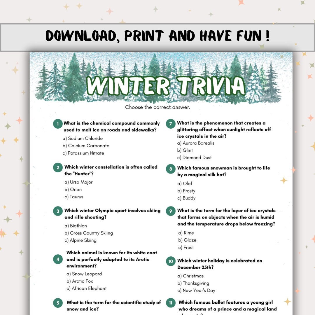Winter Printable Trivia Game Friends Game Night Winter Indoor Games ...