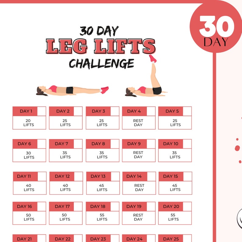 30-day Leg Lifts Challenge: Printable PDF Workout Plan for Toned Legs ...