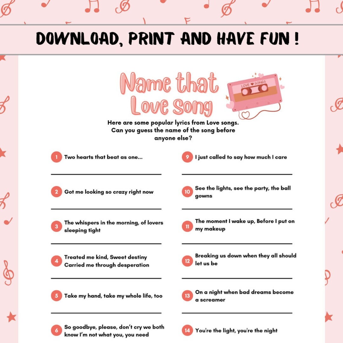 Guess the Name of the Song Challenge: Printable Game With Popular Love ...