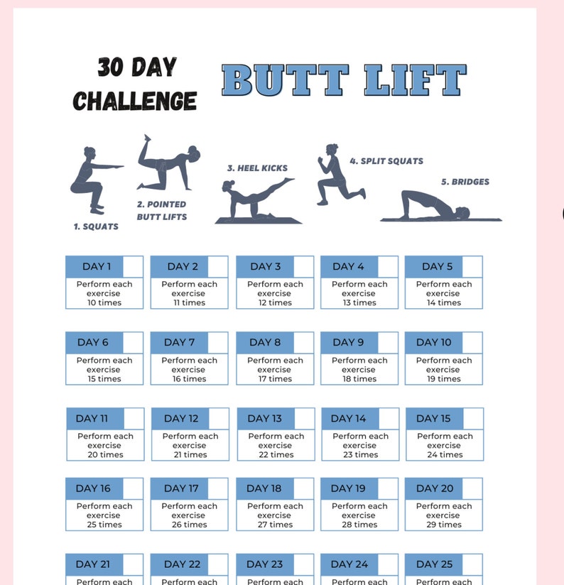 30 Day Challenge Digital Download Fitness Exercises Challenge Butt Lift Challenge Workout ...