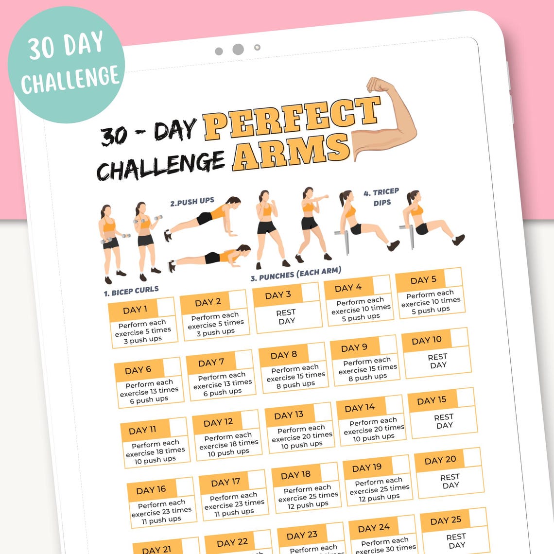 30-day Easy Level Arm Challenge Printable PDF | Printable Arm Workout ...