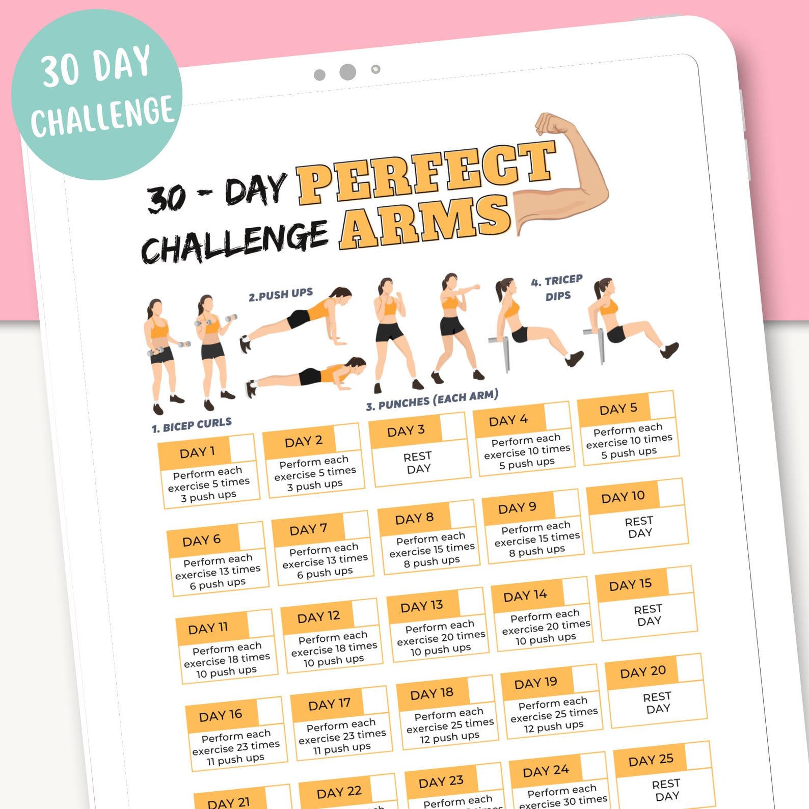 30-day Easy Level Arm Challenge Printable PDF | Printable Arm Workout ...