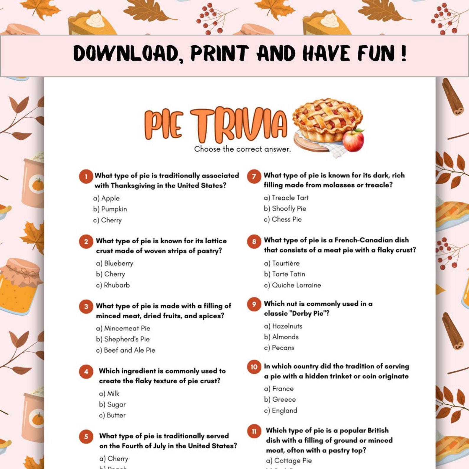 Pie Theme Multiple Choice Trivia Sheet Perfect for Foodies Printable ...