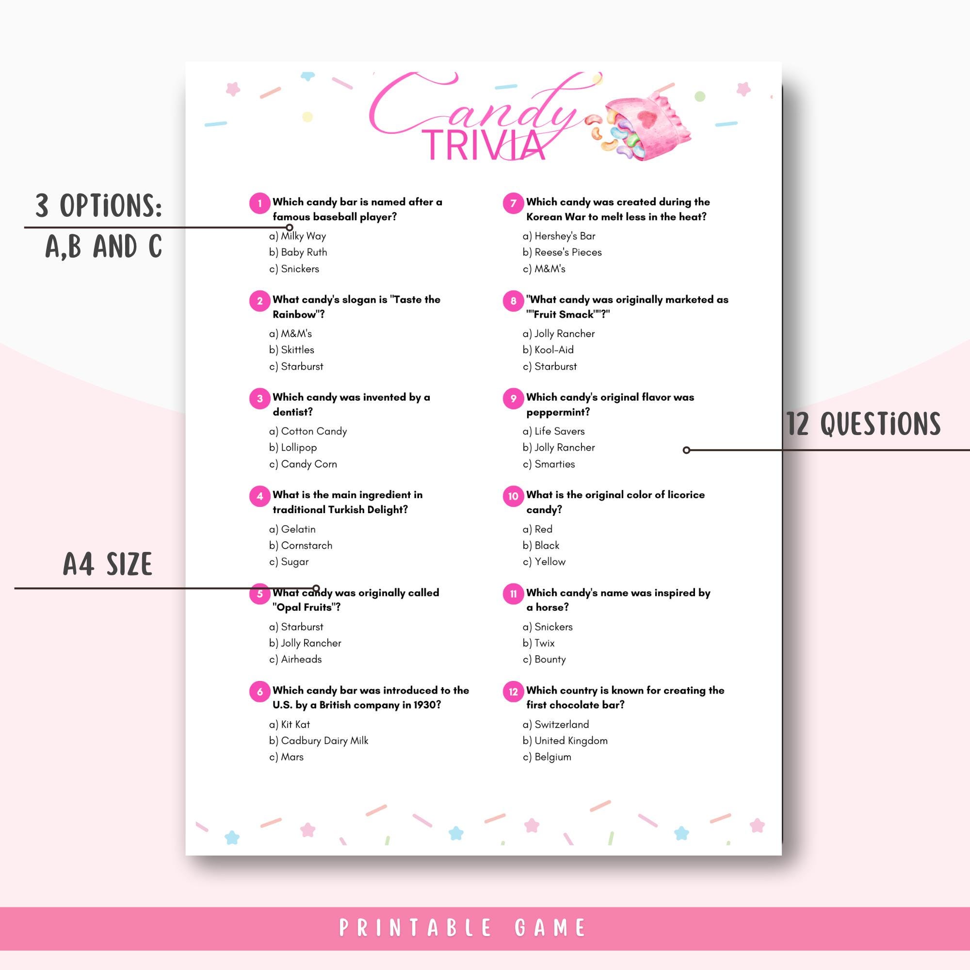 Printable Candy Trivia Game, Fun & Engaging 12 Multiple-choice ...
