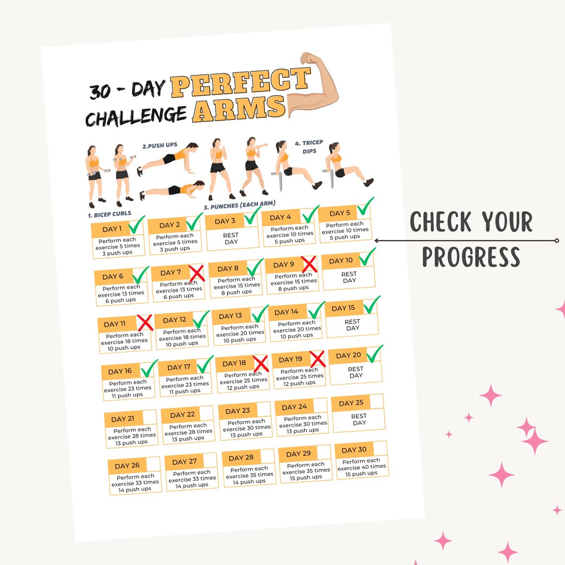 30-day Easy Level Arm Challenge Printable PDF | Printable Arm Workout ...