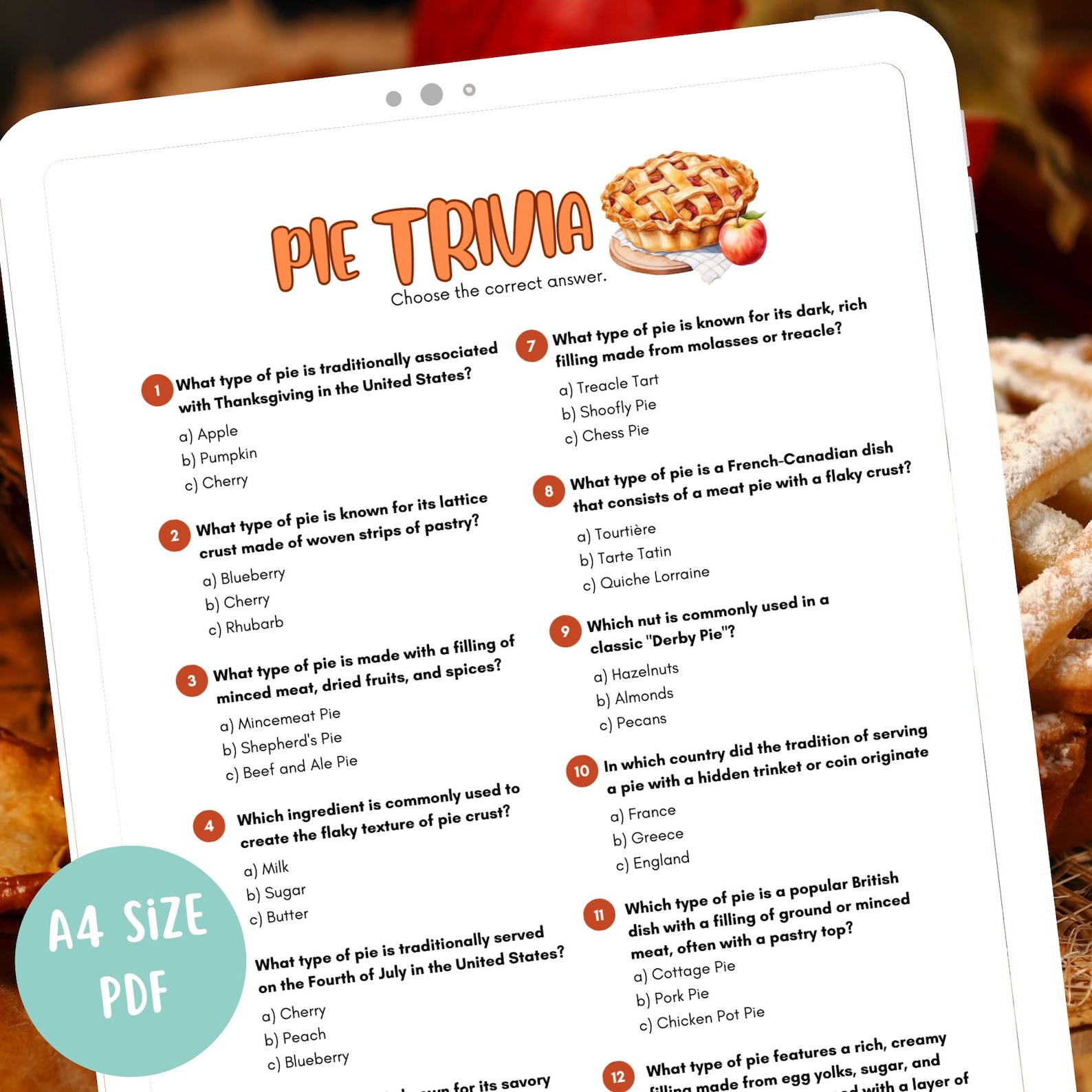 Pie Theme Multiple Choice Trivia Sheet - Perfect for Foodies ...