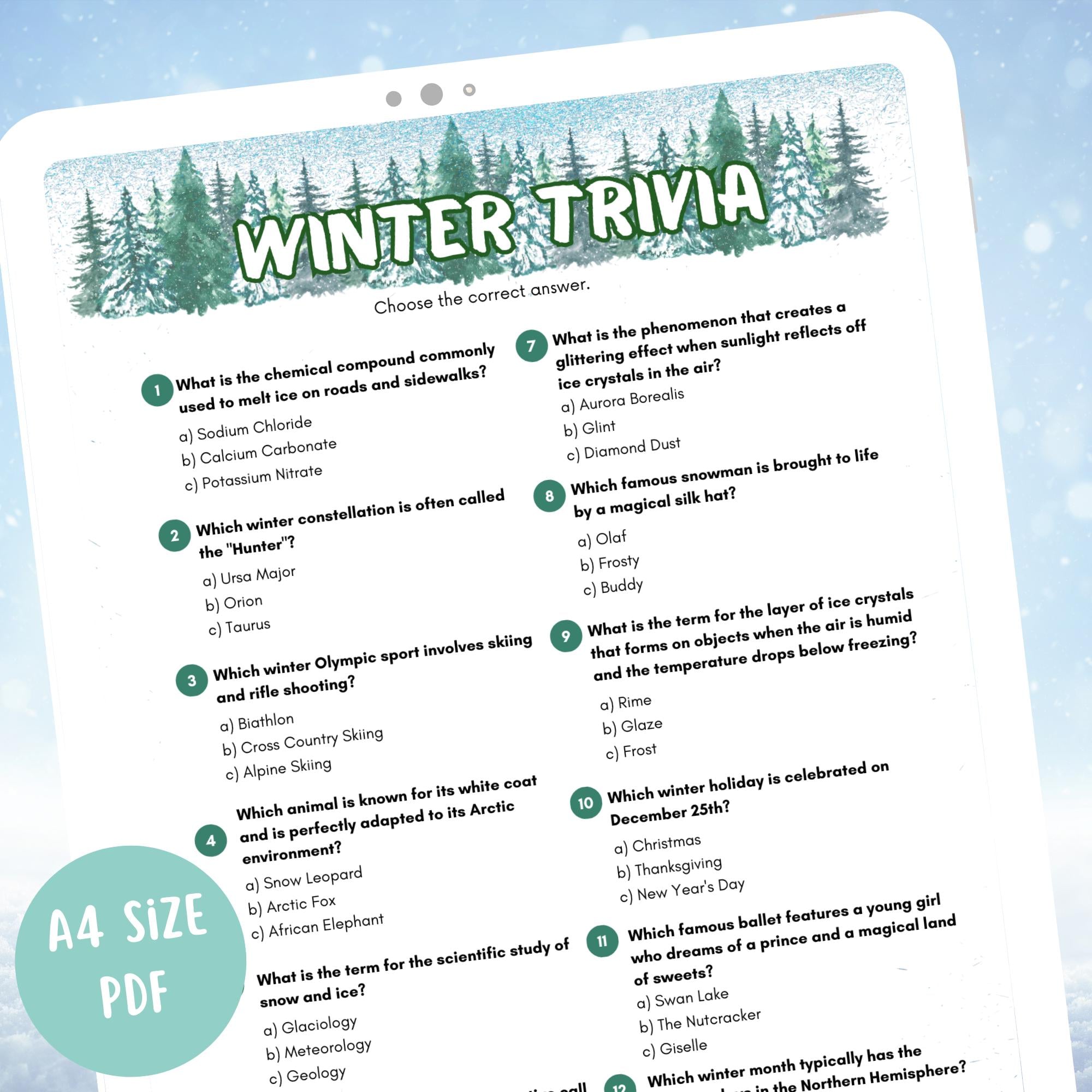 Winter Printable Trivia Game | Friends Game Night | Winter Indoor Games ...
