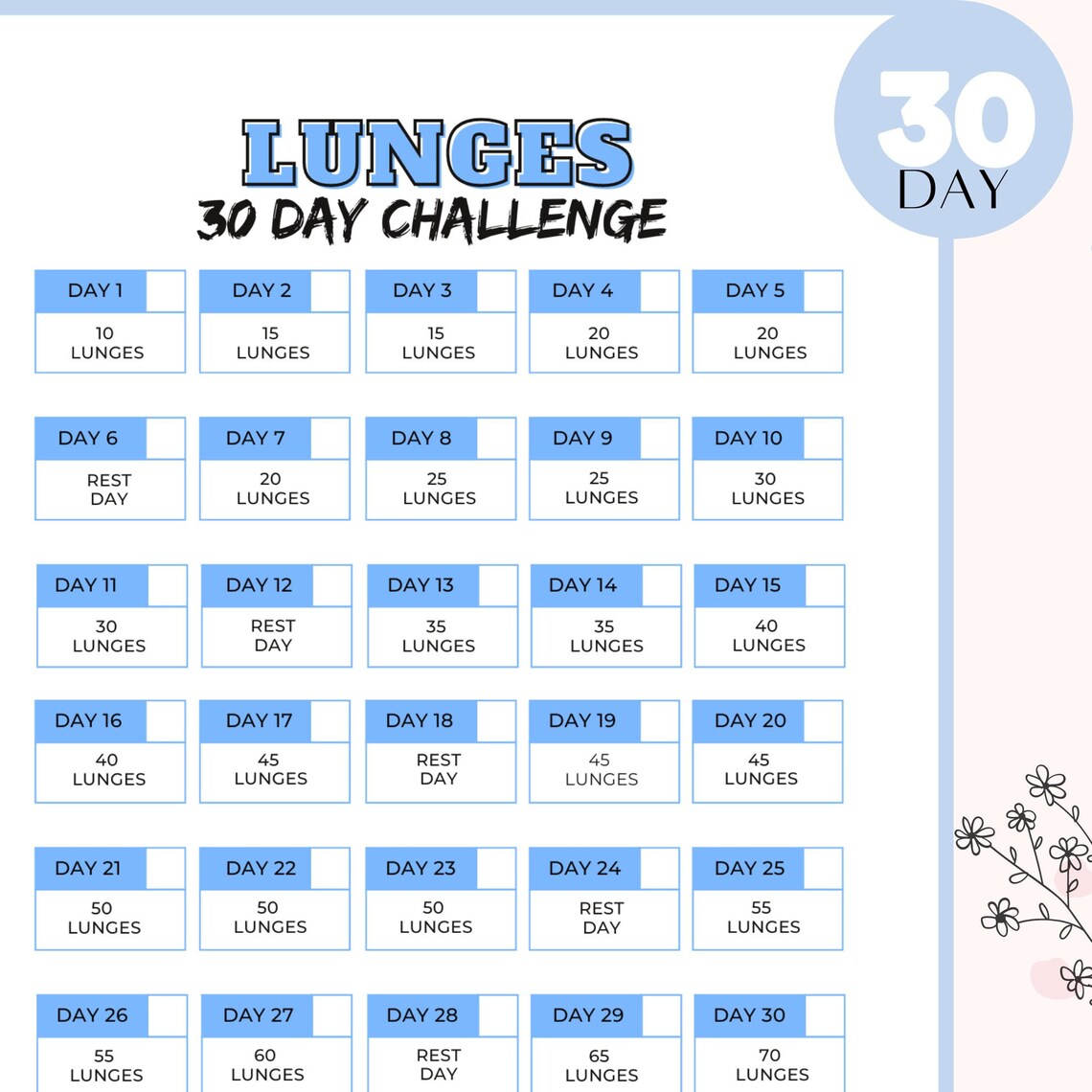 Printable Lunges Challenge 30 Day Fitness Plan for Stronger Legs 30-day ...