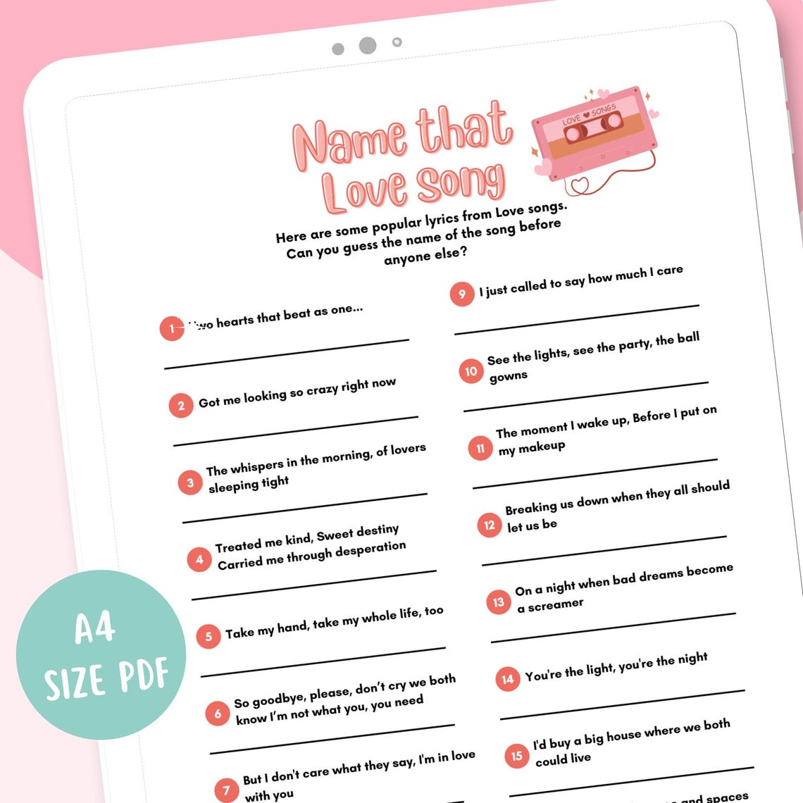 Guess the Name of the Song Challenge: Printable Game With Popular Love ...