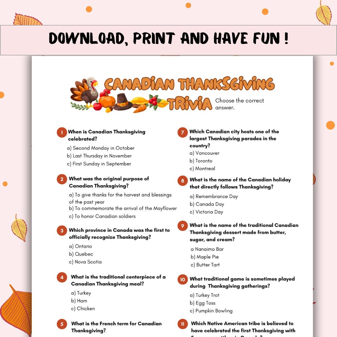Thanksgiving Trivia Printable Family Game Canadian - Etsy
