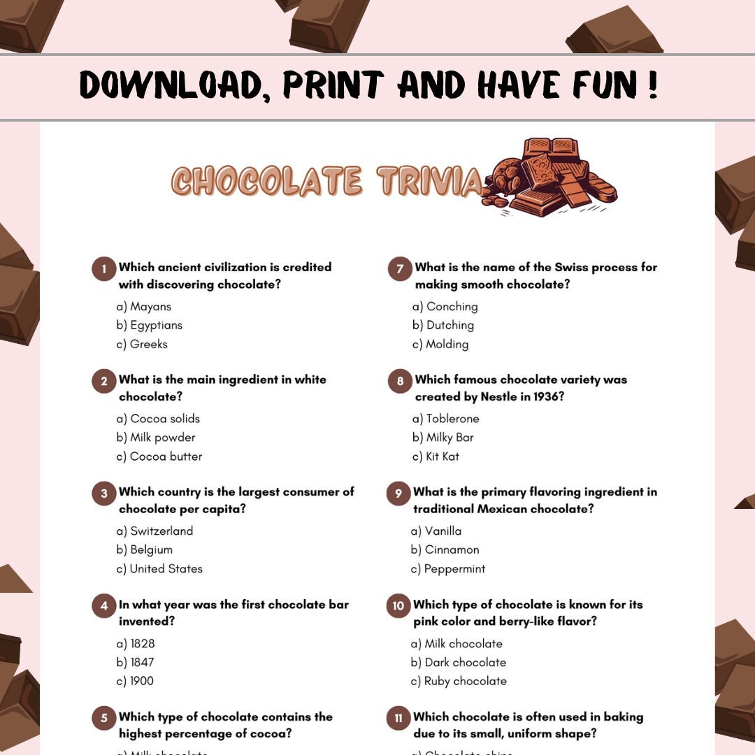 Chocolate Theme Multiple Choice Trivia Sheet Perfect for Foodies ...