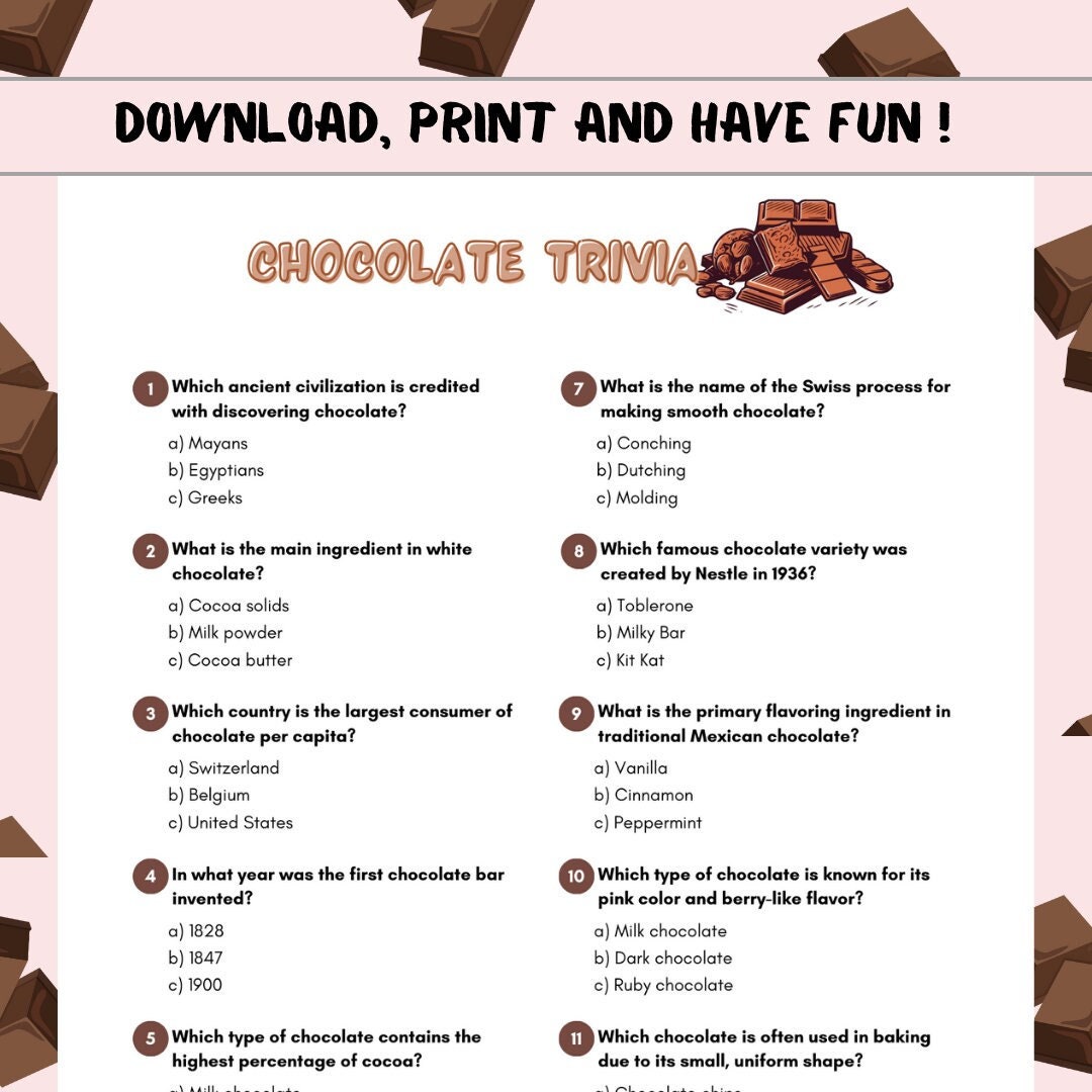 Chocolate Theme Multiple Choice Trivia Sheet Perfect for Foodies ...