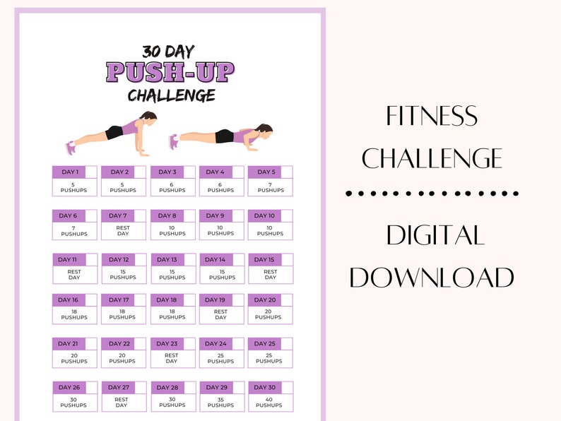 30 Day Push up Challenge 30 Day Challenge Printable Digital Download ...