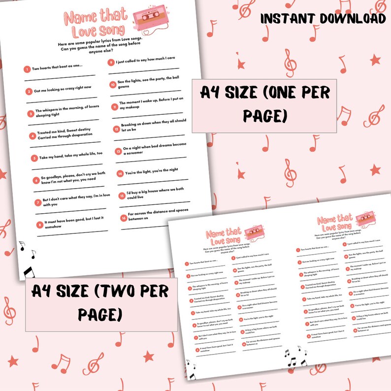 Guess the Name of the Song Challenge: Printable Game With Popular Love ...