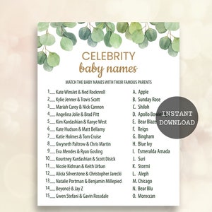 Celebrity Baby Names Greenery Baby Shower Games Printable Eucalyptus ...